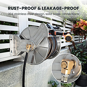 Giraffe Tools Stainless Steel Garden Hose Reel with 5/8" x 100 ft Heavy Duty Hose, Wall/Floor Mounted Metal Water Hose Reel with Crank Handle