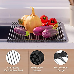EMBATHER Roll Up Dish Drying Rack Over The Sink, 20.8'' x 18.1'' Dish Drying Rack for Kitchen Counter, Multipurpose Silicone Wrapped Foldable Kitchen Drainer Rack, Anti-Slip, Black