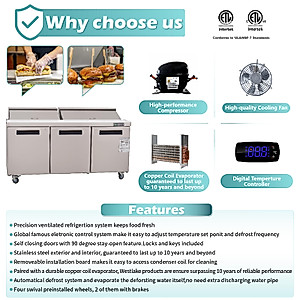 WESTLAKE 72" W 3 Door Refrigerator Sandwich&Salad Prep Table Commercial Stainless Steel Counter Fan Cooling Refrigerator with 18 pans-72 Inches for Restaurant, Bar, Shop, etc