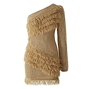 Fladdswed Women Summer Slim Fit Dress Fringe Embellished One Shoulder Long Sleeve Design Tassel Cutout See Through Dress (Camel-One Shoulder, M)