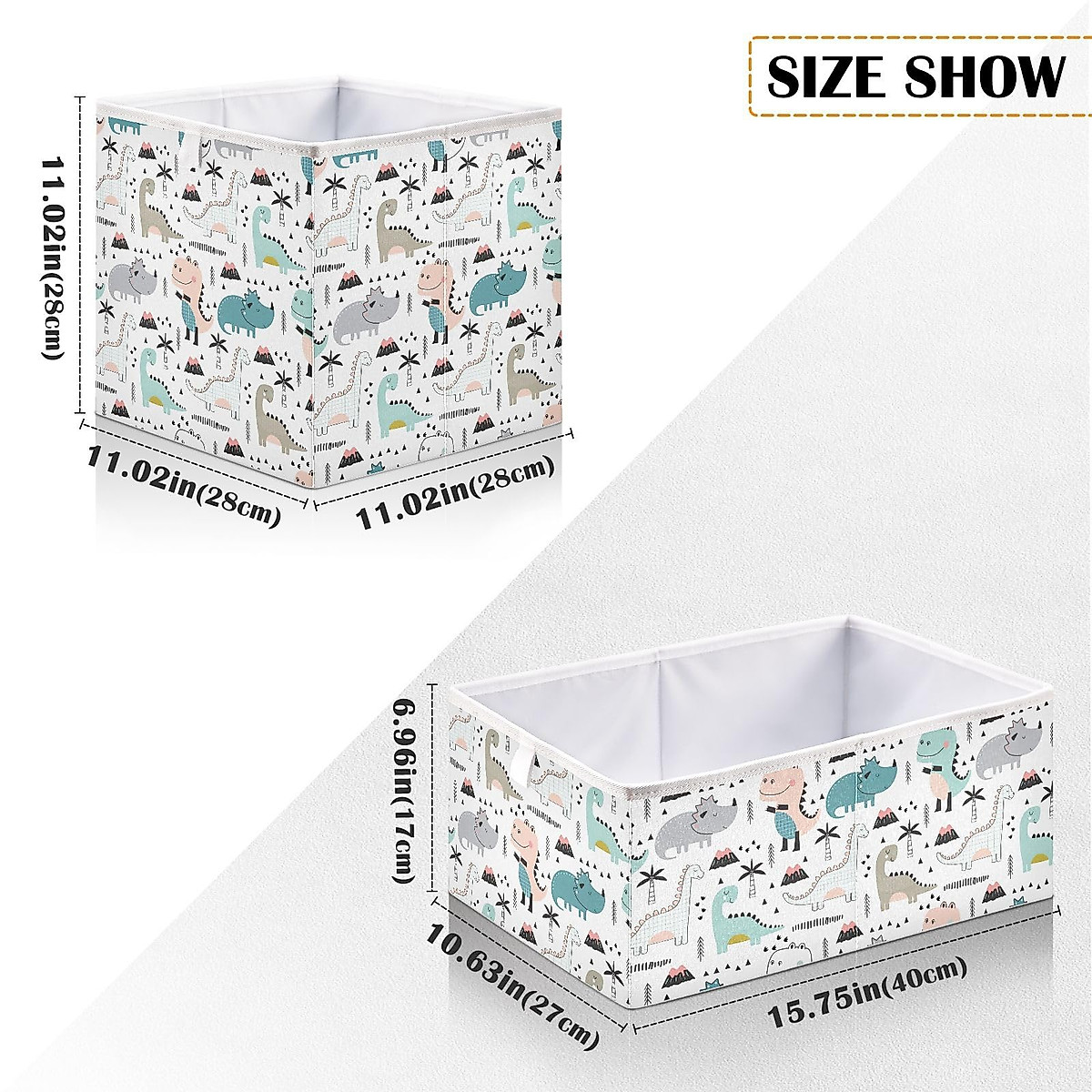 Emelivor Cute Dinosaur Cube Storage Bin Fabric Storage Cubes Large Storage Baskets for Shelves Collapsible Cube Organizer Bins for Shelves Nursery Closer Bedroom Home,11 x 11inch