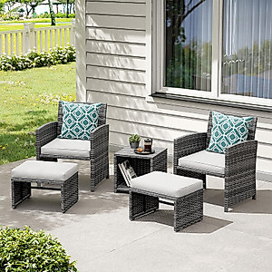 OC Orange-Casual 5 Piece Patio Furniture Set, Wicker Outdoor Conversation Chair and Ottoman Set with Coffee Table, Pillows Included, for Balcony, Porch, Deck, White