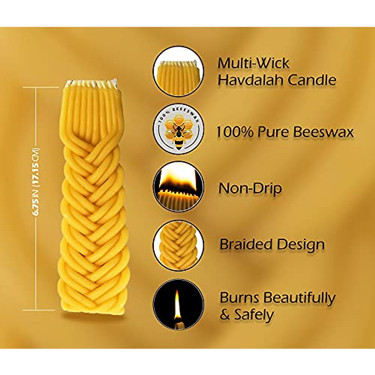 Ner Mitzvah Braided Beeswax Havdalah Candle - Criss Cross Braid - 7" Hand Dipped Bees Wax Braided Candle - Shabbat Judaica Gift