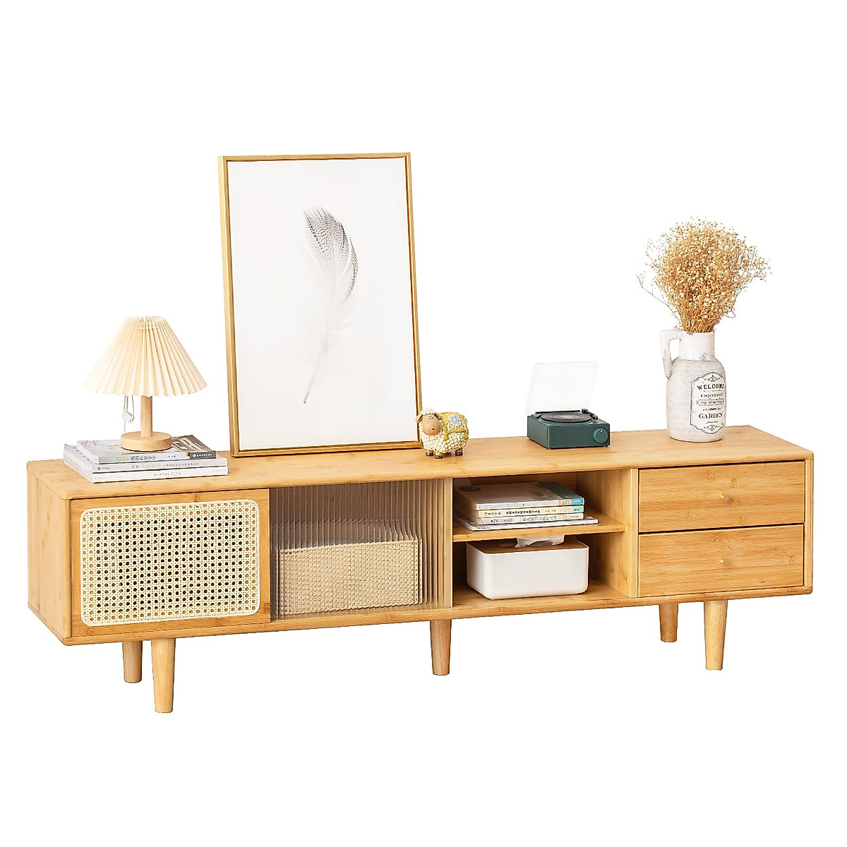 Tiita Rattan TV Stand for 55 60 Inch TV, Bamboo TV Cabinet with 2 Drawers, Boho Entertainment Center with Adjustable Shelf, Mid Century Modern Media Console for Bedroom, Living Room, Study