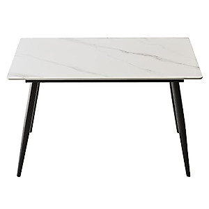 seonyou Dining Table Slate Stone with Sturdy Black Metal Base, White Mid Century Modern Dining Table Kitchen Tables for Small Spaces Rectangular Dining Room Table Restaurant（47“L）