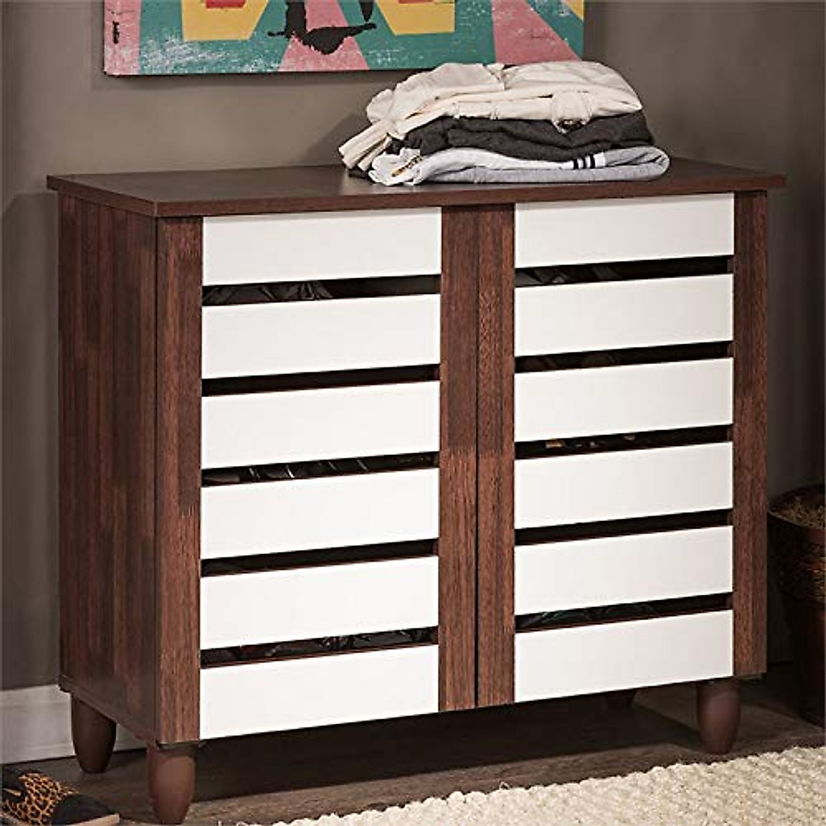 Pemberly Row Contemporary 2 Door Shoe Cabinet in Dark Oak and White