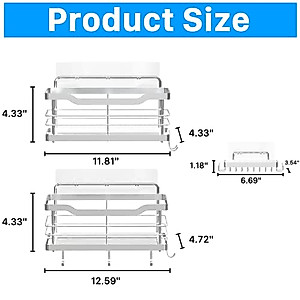 Carwiner Shower Shelf Deep Caddy 3-Pack basket with 10 Hooks & Soap Dish Holder, SUS304 Stainless Steel Bathroom Caddy Organizer Rack Adhesive Shampoo Holder Wall Mounted No Drilling (Silver)