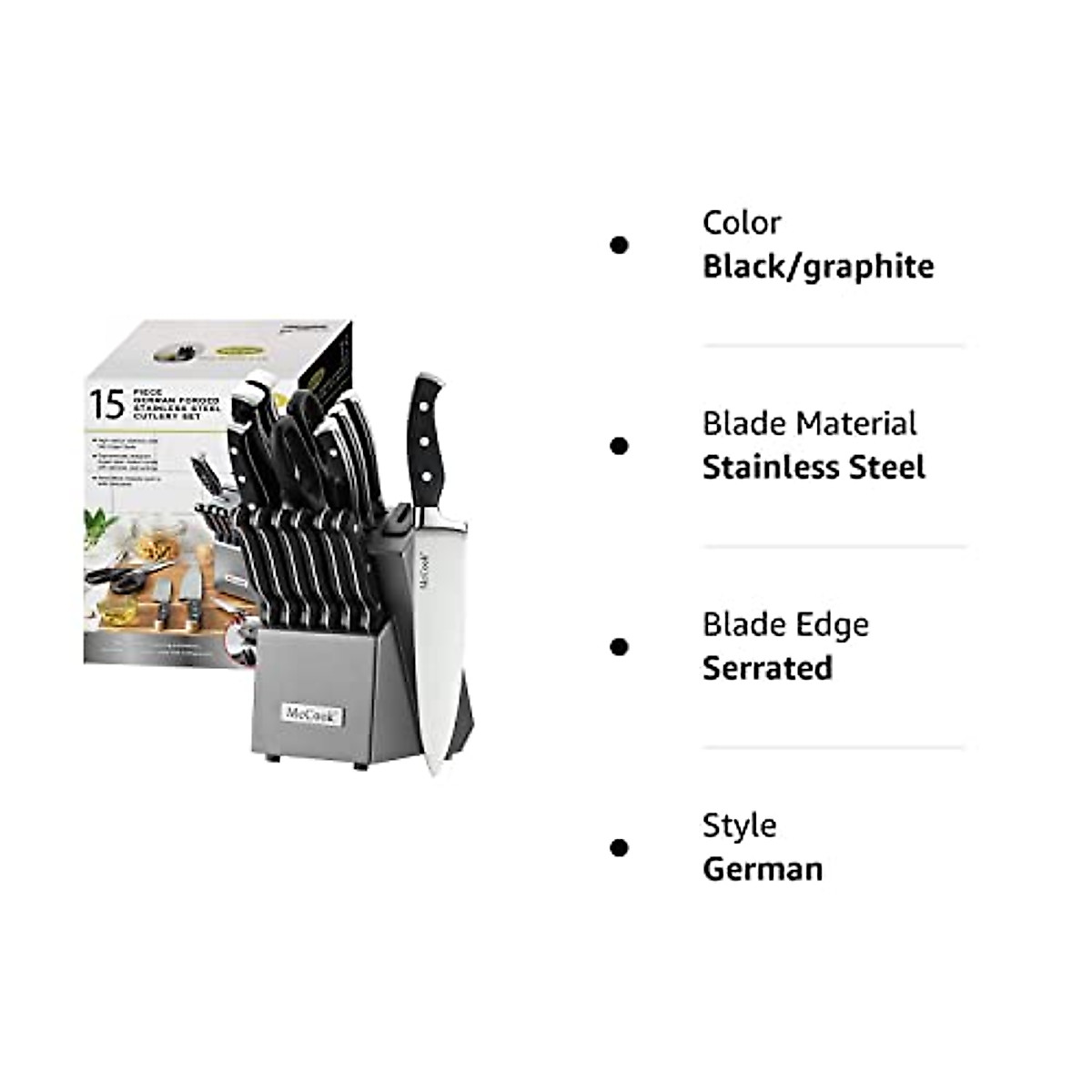 McCook® MC25A Knife Sets,15 Pieces German Stainless Steel Kitchen Knife Block Set with Built-in Sharpener