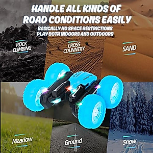 Obsiusfb RC Stunt Car for Kids with Wheel Lights and Headlights, 2.4GHz Double Sided 360° Rotating RC Car, High Speed Rechargeable Remote Control Crawler for Boys & Girls (Blue)