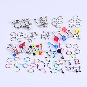 Xpircn 120PCS Piercing Jewelry Kit Piercing Needles Stainless Steel Acrylic 14G 16G Nose Septum Horseshoe Lip Tongue Eyebrow Tragus Belly Tongue Nipple Barbell Rings Tool Kit