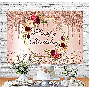 InMemory Glitter Rose Gold Birthday Backdrop Burgundy Flower Happy Birthday Photography Background Pink Gold Floral Backdrops for Women Girl Adult Bday Party Decorations Banner Photo Booth Props 7x5ft