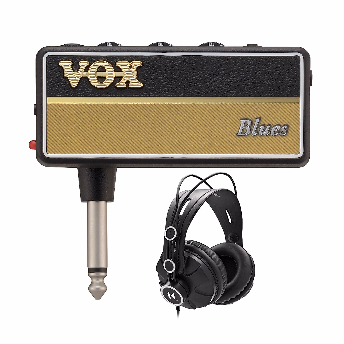 VOX Amplug 2 Blues (AP2BL) Guitar Headphone Amplifier Bundle with Knox Gear Closed-Back Studio Monitor Over-Ear Headphones (2 Items) - Mini amp That Provides serious Sound