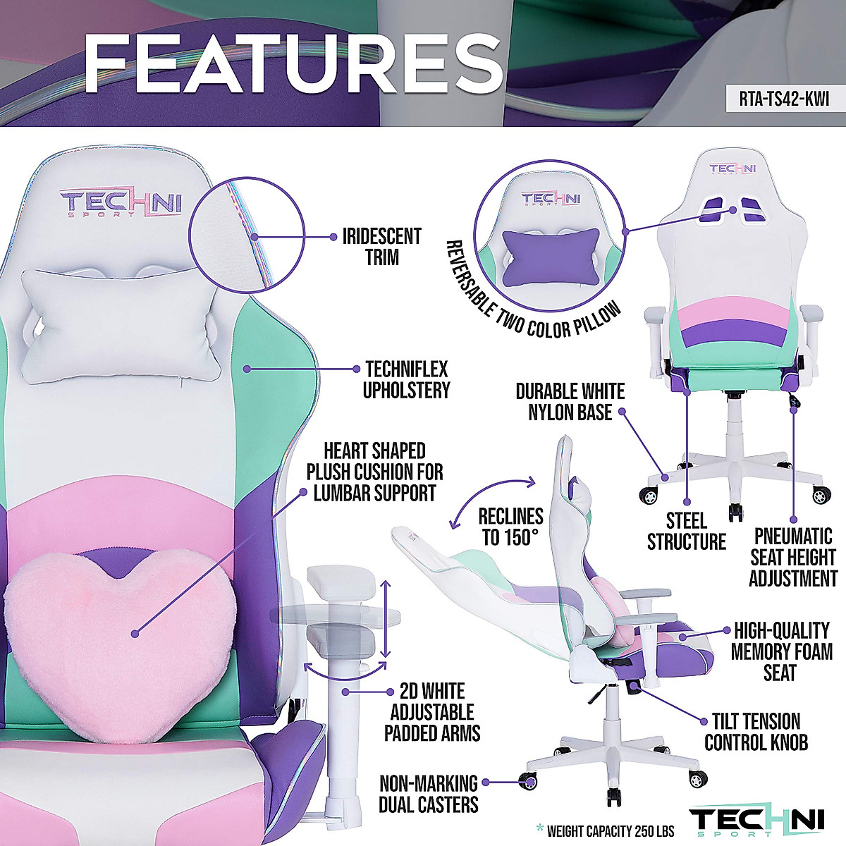 Techni Sport Gaming Chair Collection - Office Chair - Gaming Computer Chair - Recliner Chair - Back Support - Ergonomic & Adjustable - Lumbar Support Leather Gaming Chair (TS42, Multicolor)