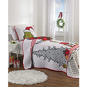 Franco Grinch by Dr. Seuss Holiday Bedding Super Soft Pillow Sham and Quilt Set, Full/Queen Size 76" x 86", (Official Dr. Seuss Product)