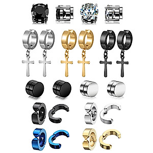11 Pairs Non-pierced Earrings Set for Men Women Cross Titanium Steel Hoop Dangle Clip On Earring