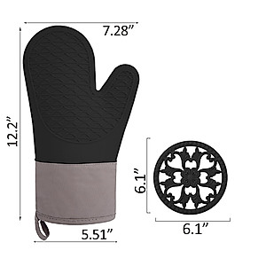 Silicone Oven Mitts Heat Resistant, Oven Mitts and Pot Holders Sets, Kitchen Mittens 5 Piece Set, Oven Gloves for Cooking,Baking,BBQ, Black Oven Mitts, Easy Clean