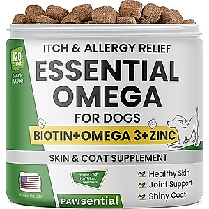 Omega 3 for Dogs - for Dry Itchy Skin - Fish Oil Chews - Skin & Coat Supplement - Itch Relief, Allergy, Anti Shedding, Hot Spots Treatment - w/EPA & DHA - Vitamins - Made in USA - 120 Treats