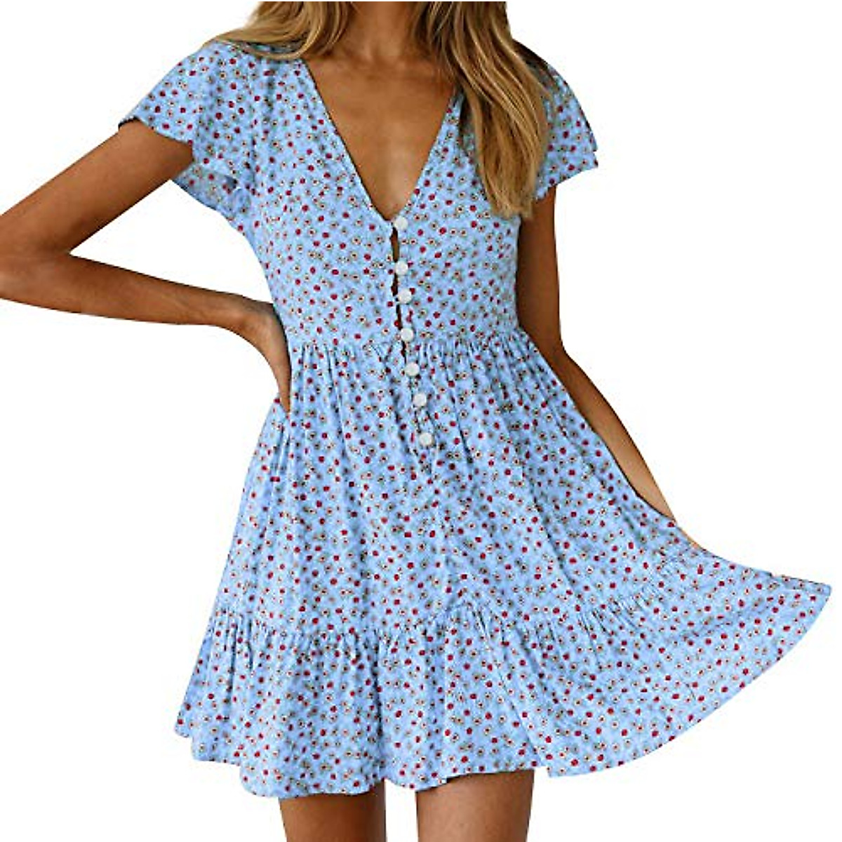 F_Gotal Women Halter Neck Boho Print Sleeveless Casual Mini Beachwear Dress Holiday Beach Sundress Party Cocktail Blue