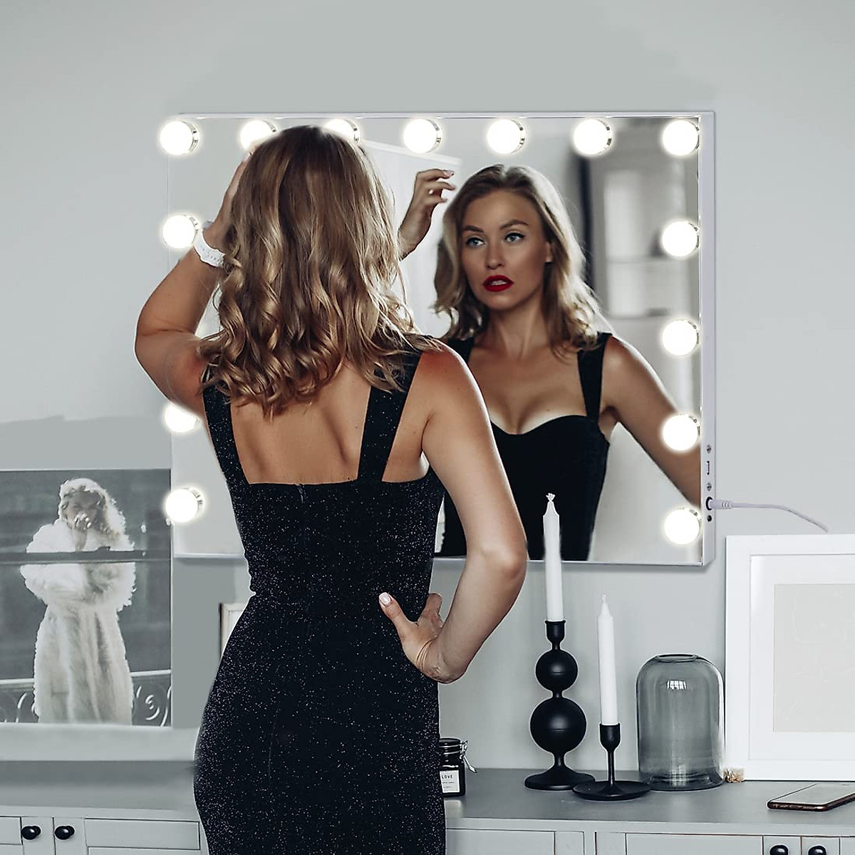 FENCHILIN Vanity Mirror with Lights, Hollywood Lighted Makeup Mirror with 15 Dimmable LED Bulbs for Dressing Room & Bedroom, Slim Metal Frame Design, White