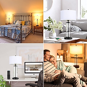 Modern Touch Control Dimmable Table Lamps with 2 USB Ports for Living Room Set of 2, 3-Way Dimmable Bedside Lamps with White Fabric Drum Shades for Reading Bedroom Nightstand Hotel, LED Bulbs Included
