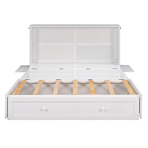 Zenvya White Queen Size Murphy Bed with Storage Drawer and 2 Little Shelves, Queen Murphy Wall Bed, Wooden Queen Platform Bed Frame for Bedroom Living Room, No Spring Box Needed (White)