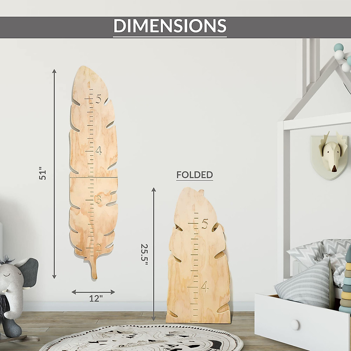 LittleRobbieCo. Wooden Growth Chart for Kids | Feather Design Height Chart for Kids | Natural Pine Laser Engraved Kids Growth Chart for Wall w/Mount | Foldable Kids Height Wall Chart