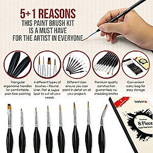 DUGATO Fine Detail Paint Brush Set, 8pcs Tiny Professional Micro Miniature Painting Brushes Kit with Ergonomic Handle for Acrylic, Oil, Watercolor, Art, Scale Model, Face, Paint by Numbers (VIII)