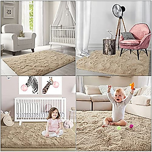 Wellber Modern Soft Shag Rugs, 3x5 Feet Beige Fluffy Home Decorative Carpets for Bedroom, Rectangle Durable Fuzzy Area Rug for Living Room Dorm Nursery, Plush Floor Shaggy Fur Throw Rug