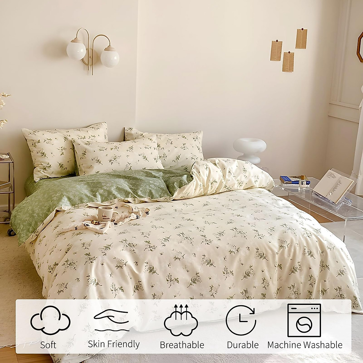 Rvciby Vintage Floral Duvet Cover Queen Size,100% Cotton Chic Shabby Beige Green Breathable Reversible Comforter Cover Set,3 Pieces,1 Duvet Cover with Zipper Closure & Corner Ties and 2 Pillow Shams