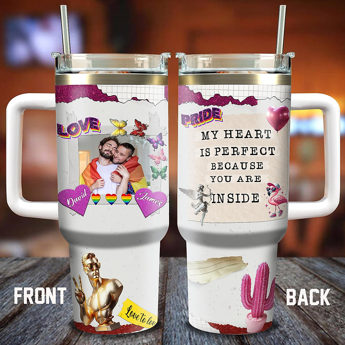 WAZONE Personalized Photo Lgbt Rainbow Insulated Tumbler Stainless Steel Tumblers with Lid 40oz Cups Custom Pictures Names Birthday Christmas Gifts For Couple on Birthday Pride Month