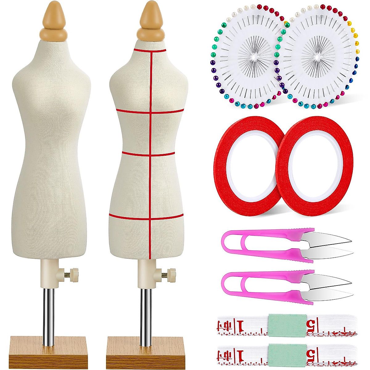 10 Pcs Doll Dress Form Mini Female 1/4 Size Tailor Dressmaker Dummy Mannequins Body Miniature Sewing Mannequin Dress Forms for Sewing with Red Patch Set