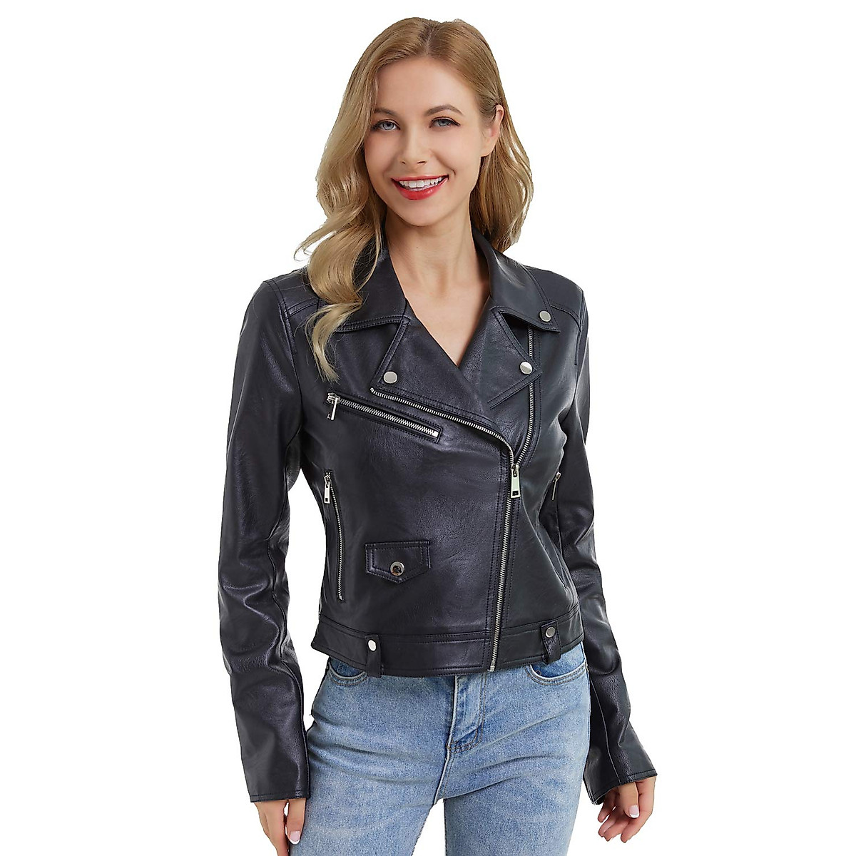 DIASHINY Black Cropped Faux Leather Jacket For Women PU Slim Zip Up Moto Biker Coat Motorcycle Crop Short Jacket 013 Medium