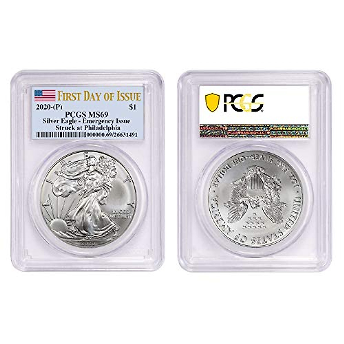 2020 (P) Struck at Philadelphia American Eagle Silver Coin 1 oz 999 Fine Silver $1 PCGS MS69 First Day of Issue (FDIO) New