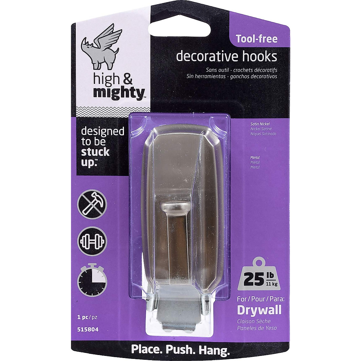 HIGH & MIGHTY 515804 Decorative Metal Hook, Easy Tool-Free Dry Wall Installation, Scalloped, Holds up to 25lb, Satin Nickel