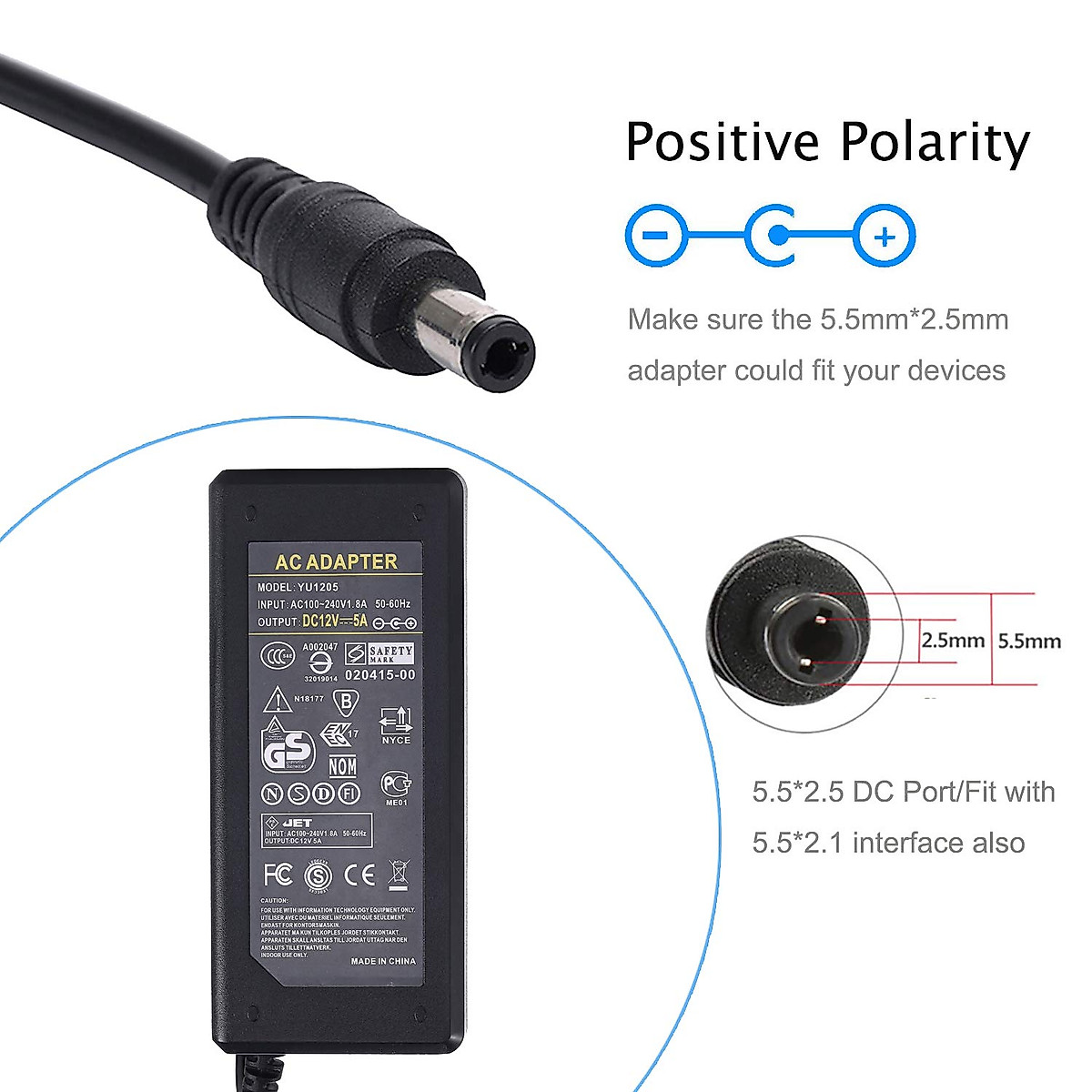 12V 5A Power Supply, COOLM AC to DC 12V 5A 60W Power Adapter Charger AC 100V - 240V Transformer 5.5x2.5mm DC Output Jack for 5050 3528 LED Strip Light LED Driver CCTV Security System
