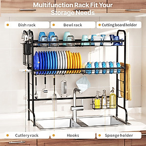 iSPECLE Over The Sink Dish Drying Rack Stainless Steel 2 Tier Dish Rack Large Above Sink Drying Rack Kitchen Sink Shelf, Black