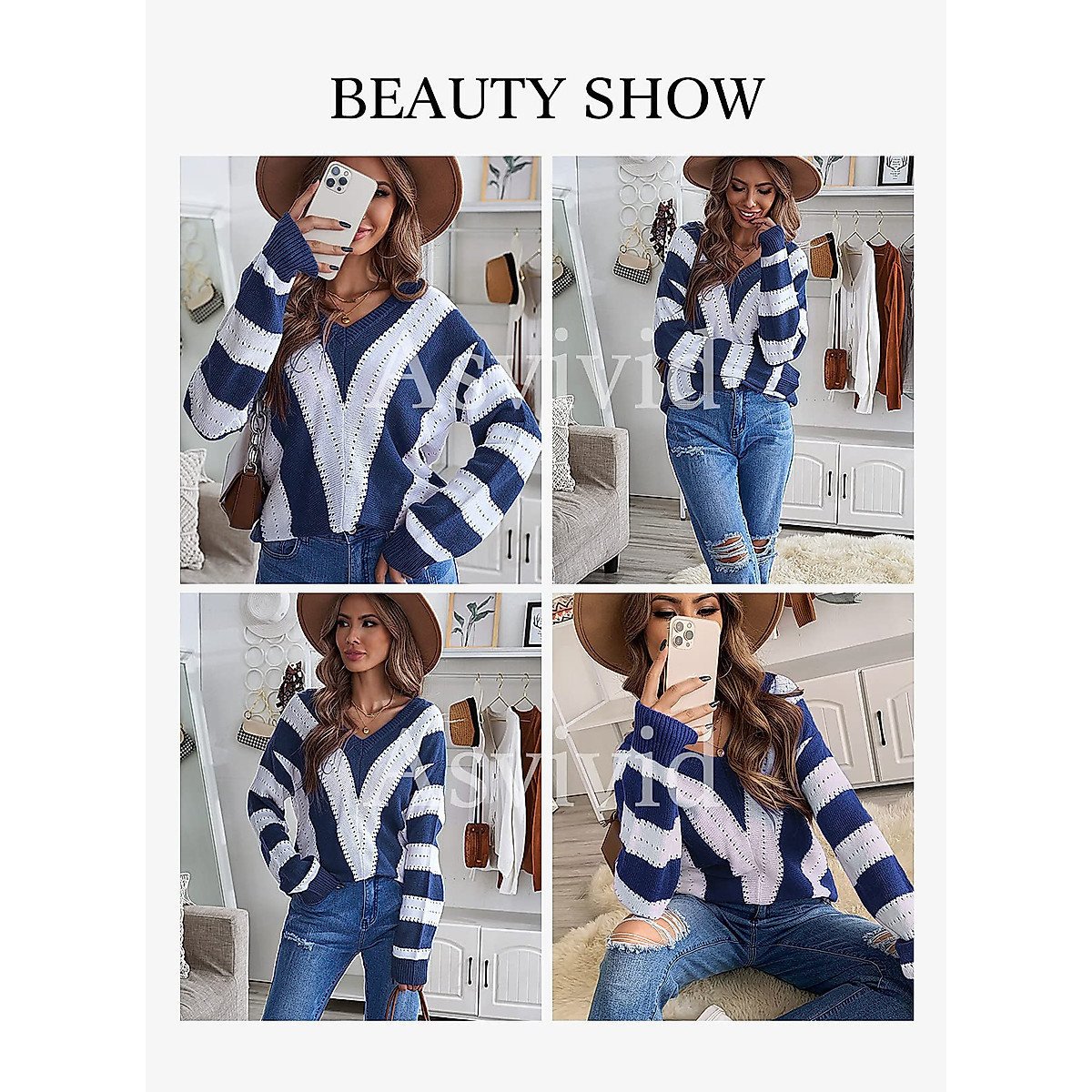 Asvivid Womens Spring Fashion 2023 Long Sleeve V Neck Striped Color Block Sweaters for Women Knitted Pullover Tops Blue Ladies Sweaters M