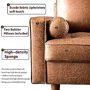 XIZZI Mid-Century Modern Living Room Loveseat Sofa Couch Fack Suede Fabric with Square Arm and Wood Grain Legs for Small Space, 69.68" W Brown