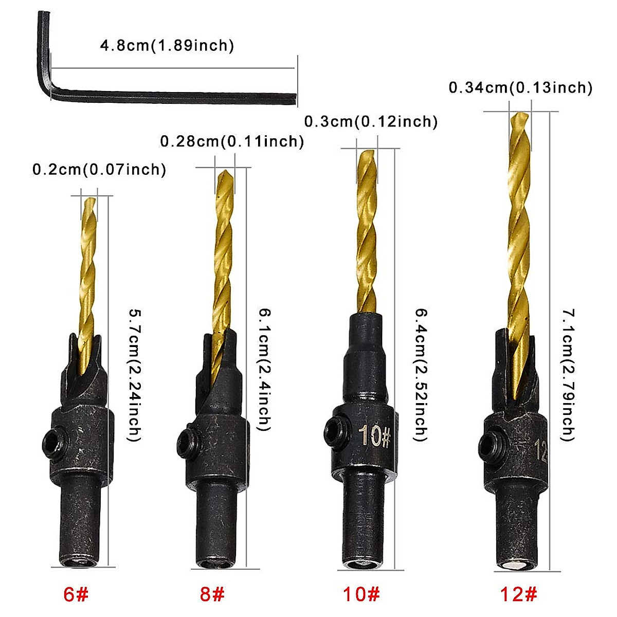 SaferCCTV 4Pcs Countersink Drill Bit Set, 8pcs Wood Plug Cutter Drill Bit Set for Tapered 5/8" 1/2" 3/8" 1/4" Woodworking Cork Drill Bit Knife
