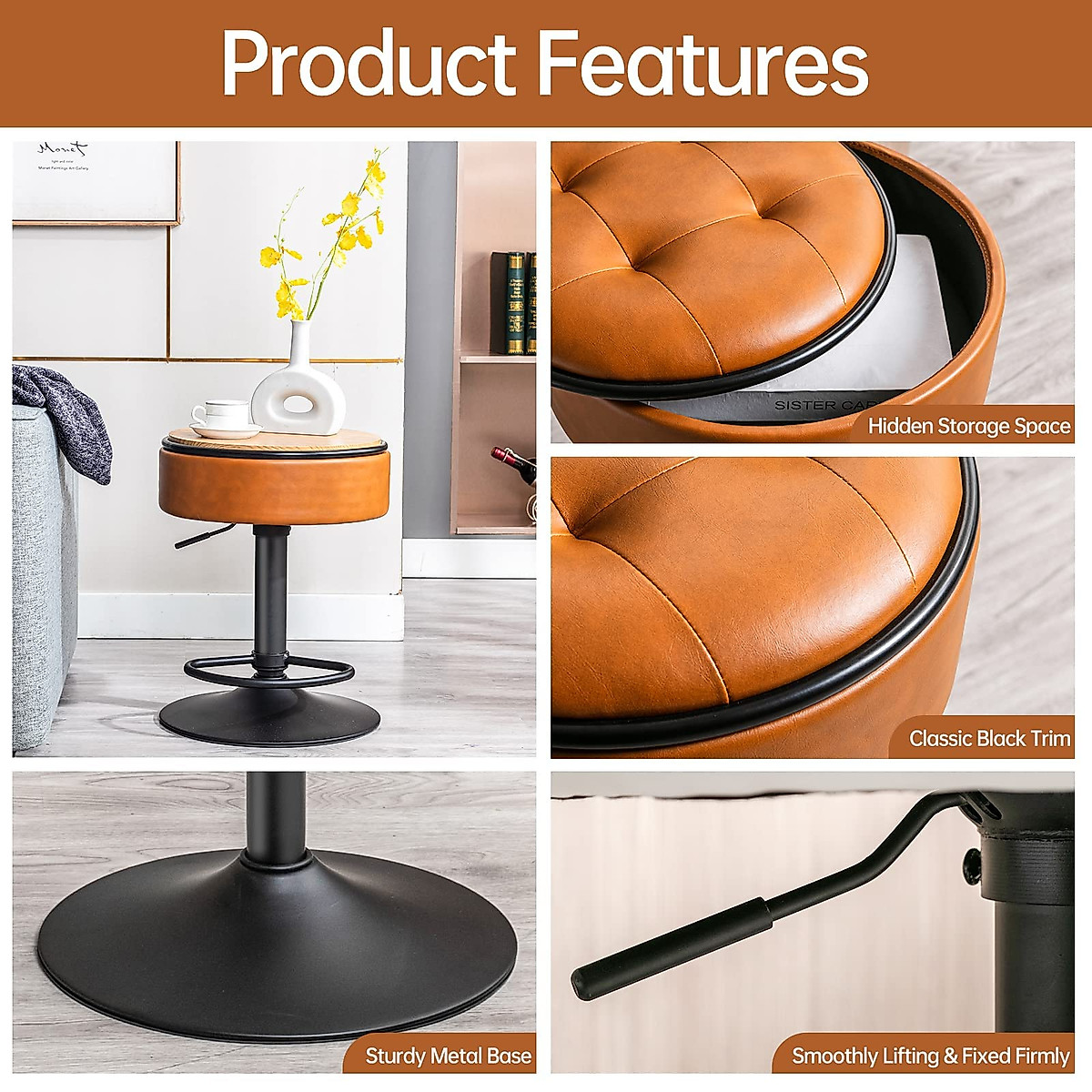 Round Storage Bar Stool Set of 2,Faux Leather Height Adjustable Barstool, 360°Counter Height Swivel Stool, Armless Bar Chair with Metal Frame for Kitchen Counter Dining Living Room Whiskey Brown