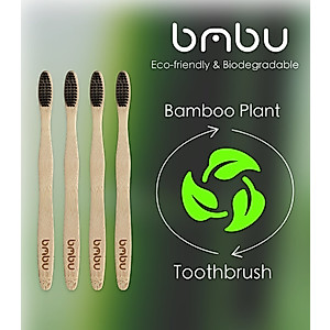 bmbu Bamboo Toothbrush 4 Pack - Medium/Soft Charcoal Bristles Tooth Brushes Wooden Handle - BPA Free, Eco Friendly, Vegan Product Gift Idea, Sustainably Grown in Recycled Biodegradable Packaging