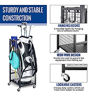 Mythinglogic Golf Bag Storage Organizer Rack-Golf Clubs Organization for Garage, Golf Bag Stand with Movable Hanging Hooks, Golf Equipment and Accessories Storage Racks for Garage,Shed,Basement