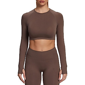 Aoxjox Long Sleeve Crop Tops for Women Vital New Workout Seamless Crop T Shirt Top (Vital New Fudge Coffee, X-Large)