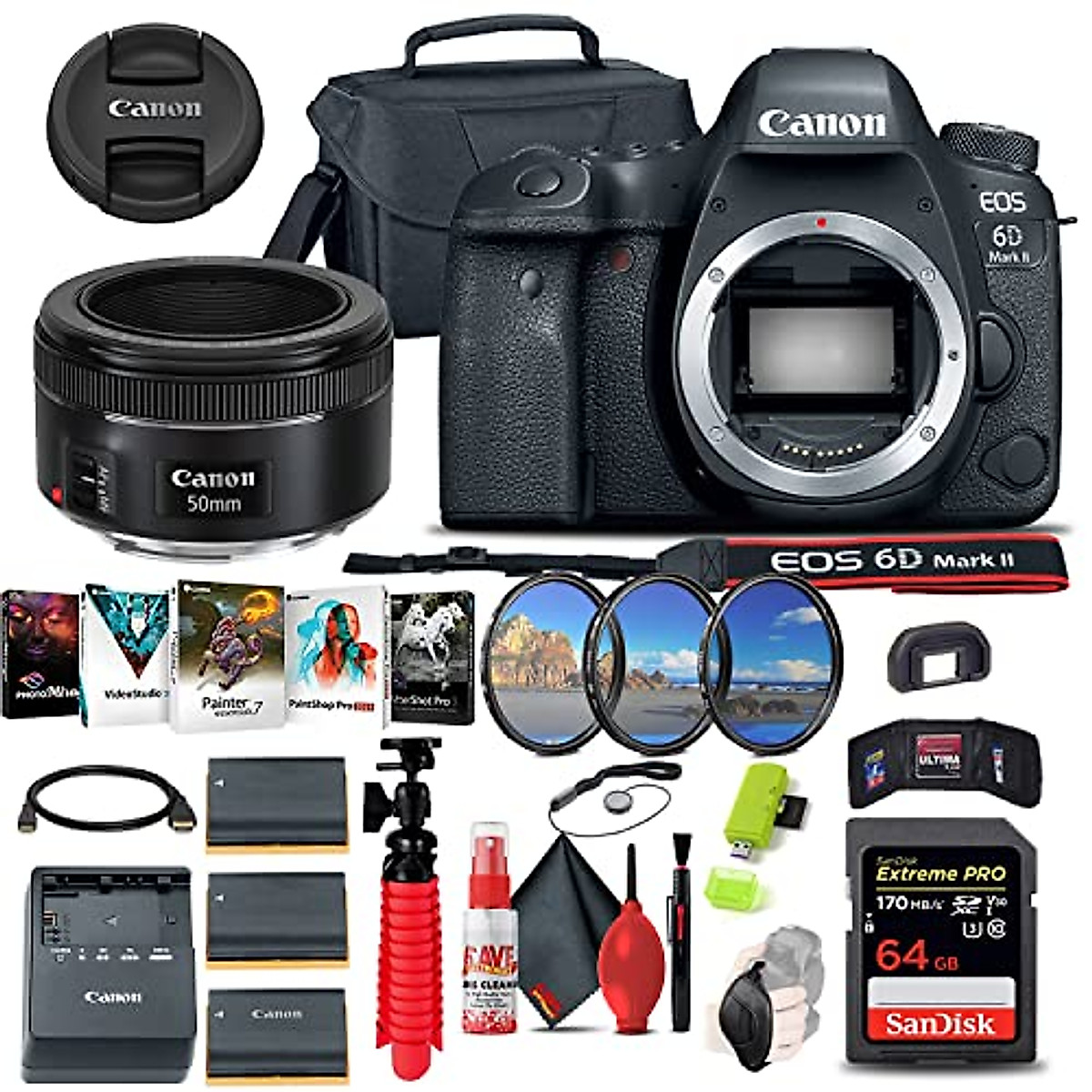 Canon EOS 6D Mark II DSLR Camera (Body Only) (1897C002) + Canon EF 50mm Lens + 64GB Memory Card + Case + Filter Kit + Photo Software + LPE6 Battery + Flex Tripod + More (Renewed)