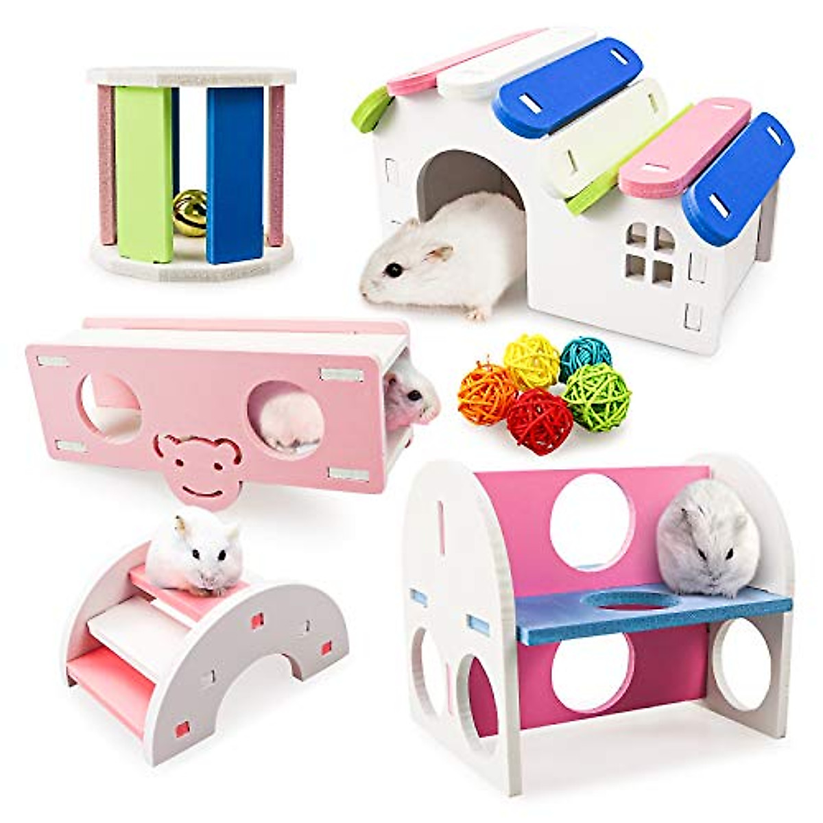 Bac-kitchen 5 Pcs Hamster Wooden Seesaw Tunnel Toy, Hamster Hide Playground Tubes and Tunnels Gym Exercise Fun Toy, Hamster Cage Accessories for Chinchilla Dwarf Hamster Gerbil Guinea Pig(H01)