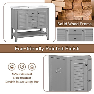 36" Modern Bathroom Vanity Base Only, Bathroom Vanity Without Sink Freestanding Bath for Compact Spaceroom Vanity Cabinet with Two Cabinets and Drawers, Open Shelf, Solid Wood Frame, Gray