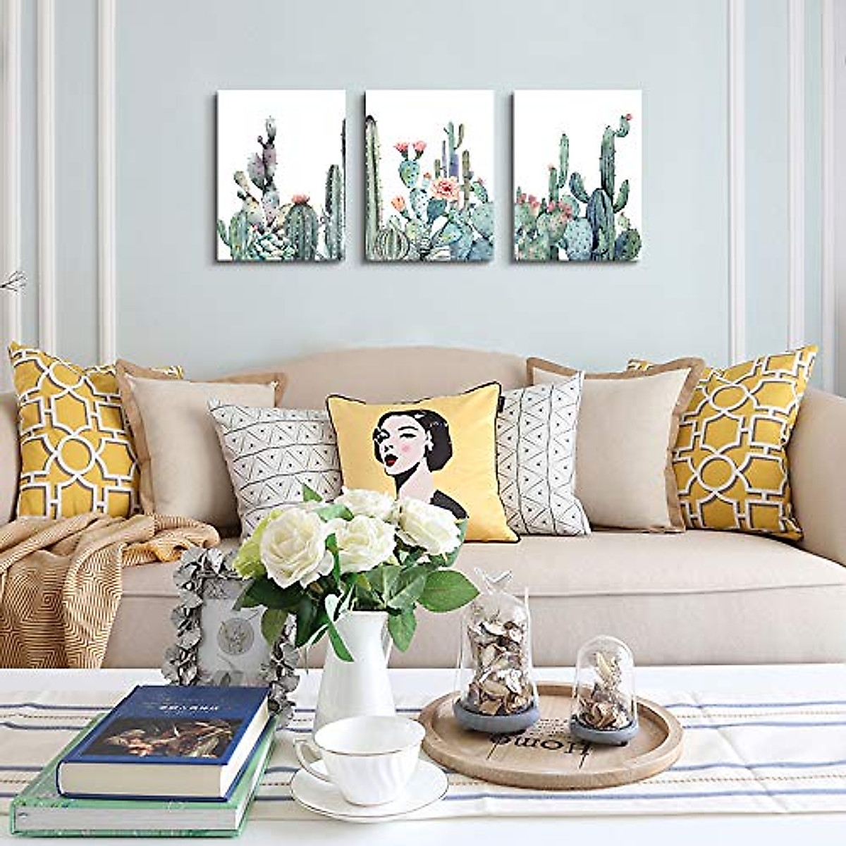 Canvas Wall Art for bedroom living room Canvas Prints Artwork bathroom Wall Decor Green plants Succulent cactus flower painting 12" x 16" 3 Pieces modern Framed Ready to hang Office Home Decorations