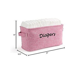 Dejaroo - Baskets for Organizing Diapers and Newborn Essentials, Baby Diaper Caddy Organizer, Embroidered Baby Shower Gifts for Moms, Linen Basket with Handle, 12 x 6 x 6 Inches, Pink