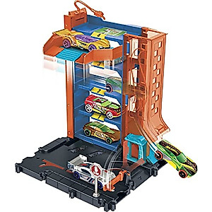 Hot Wheels City Toy Car Track Set Downtown Car Park Playset with 1:64 Scale Vehicle, 4 Levels, Working Lift & Exit Chute