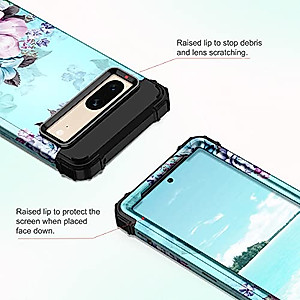 Uamark for Google Pixel 7 Case,Three Layer Heavy Duty Shockproof Full Body Protective with 2 Tempered Glass Screen Protector + 2 Camera Lens Protector Case for Google Pixel 7 5G(2022),Blue Flower
